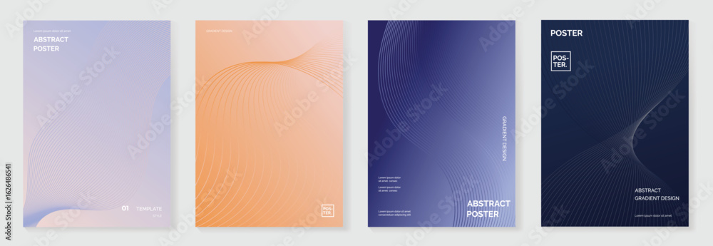 Abstract line wave gradient poster background vector set. Minimalist cover template with vibrant ...