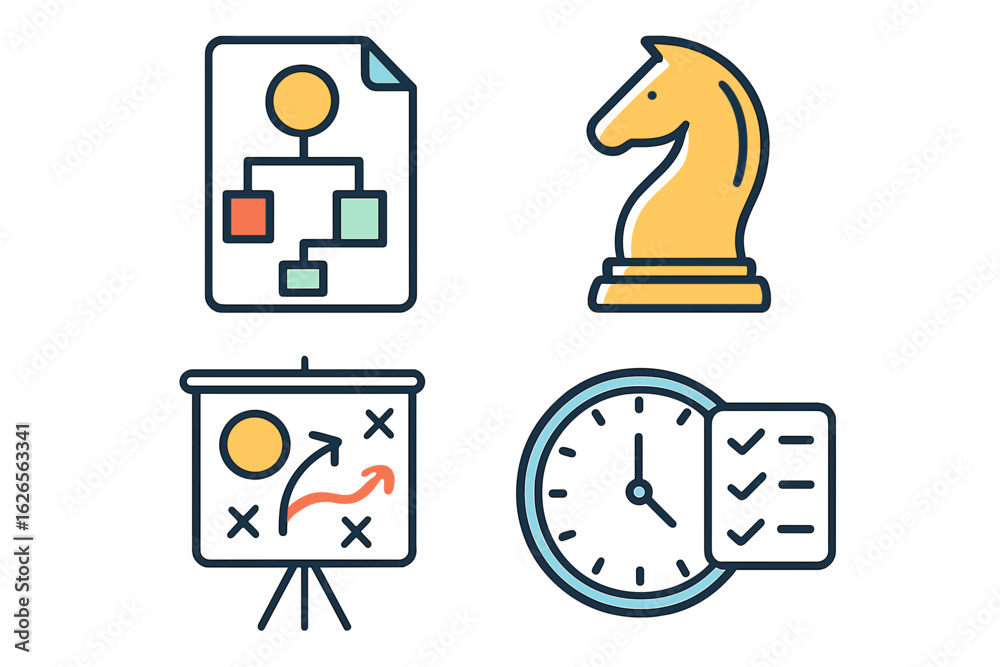 Business strategy elements including chess piece, chart, and clock ...