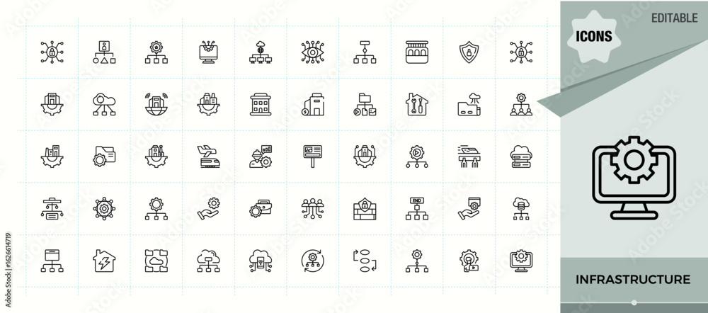 Infrastructure line icon set. Icons for UI designs. Contains outline ...