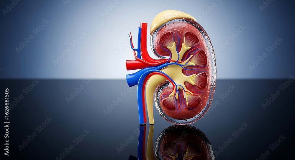Anatomical model of a kidney, cut in half, showing internal structures ...