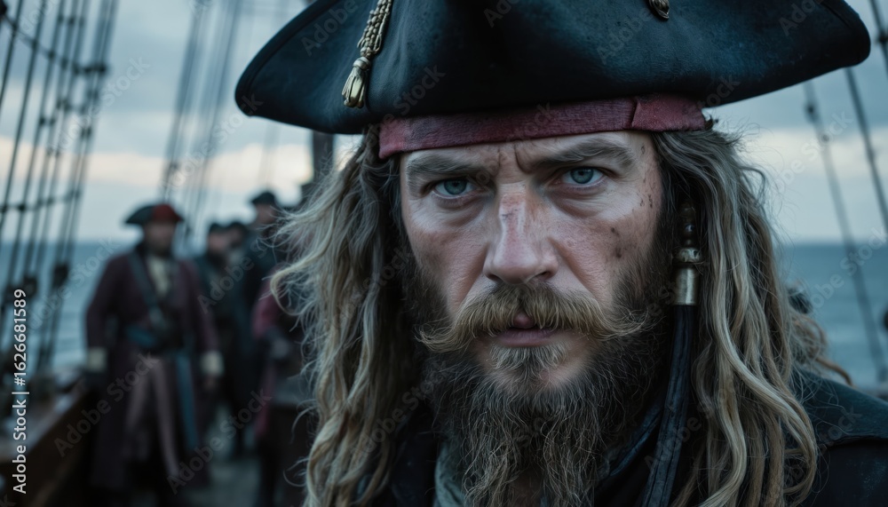 Bearded pirate captain stands on ship deck at dramatic twilight sea ...
