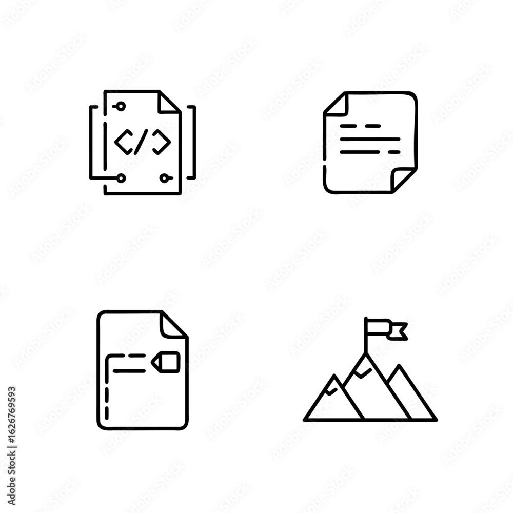 Four simple line art icons depicting coding document writing mountain ...