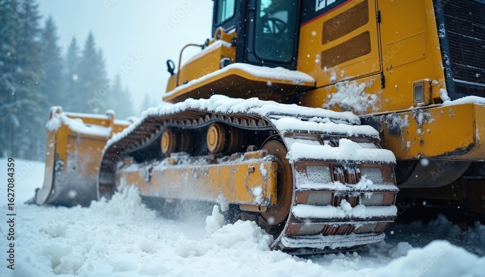 Yellow bulldozer treads cut through snowy work zone. Operator visible ...