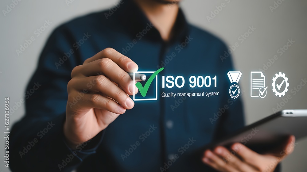 Man touching ISO 9001 quality management system certification icons ISO ...