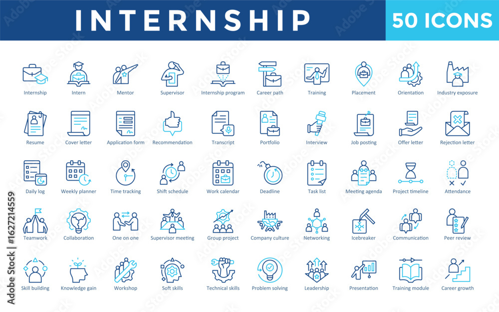 Internship icons set with internship, intern, mentor, supervisor ...