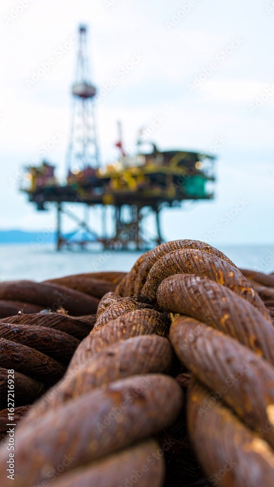 Rusty Wire Rope Segment with Offshore Oil Rig Background – Marine ...