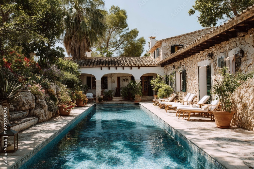 Stock-Foto „Luxurious pool and estate in Mallorca, Spain with blooming ...