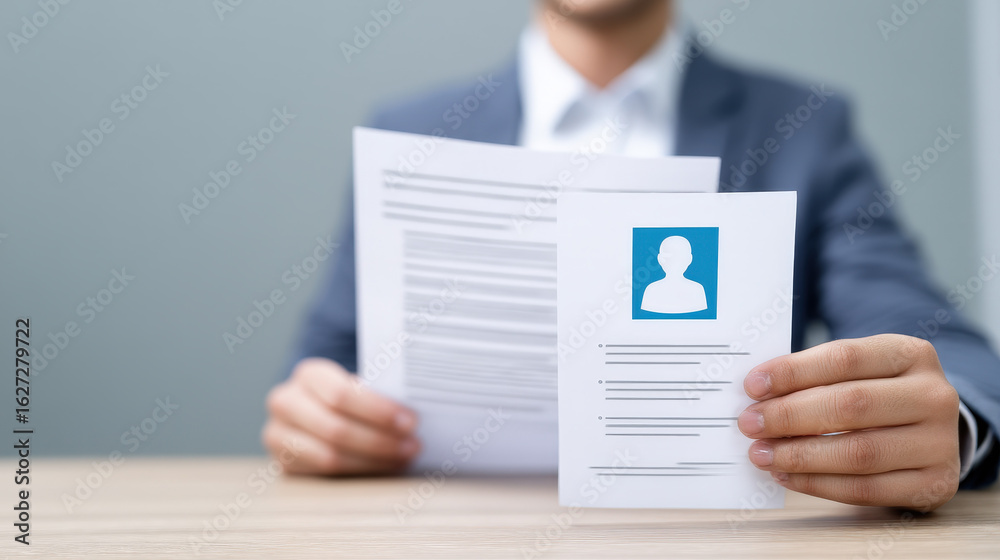 Person in suit holds resume and profile picture symbolizing job search ...