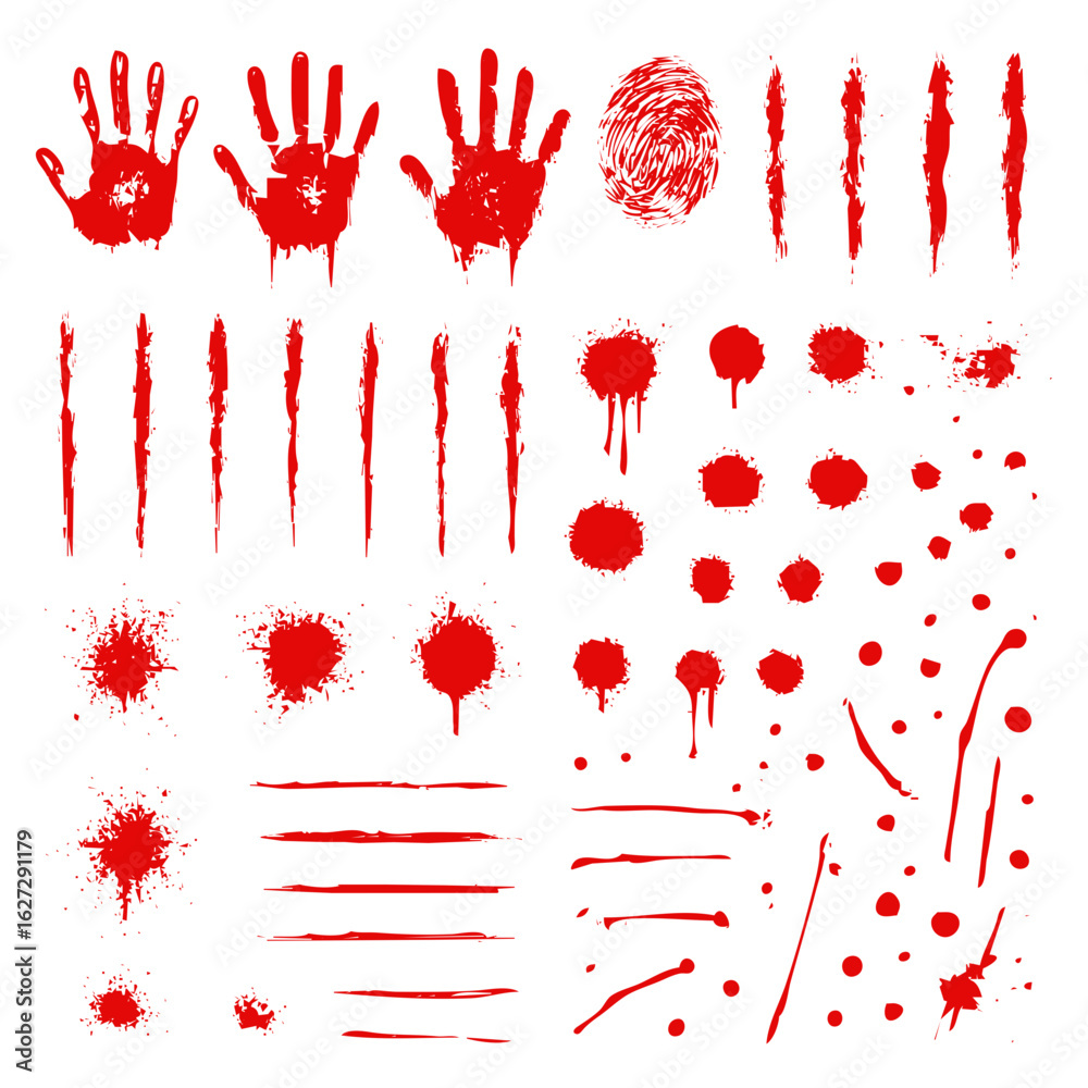 Red grunge handprints, fingerprint traces, and blood splatter elements ...