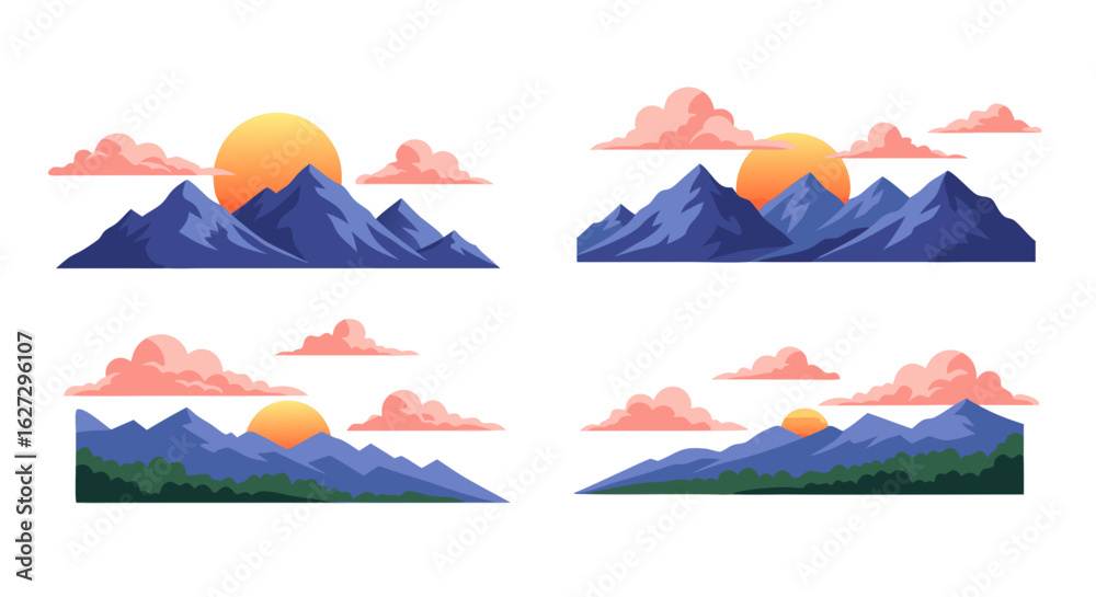Stylized Mountain Ranges with Sun and Clouds Depicted in Four Unique ...