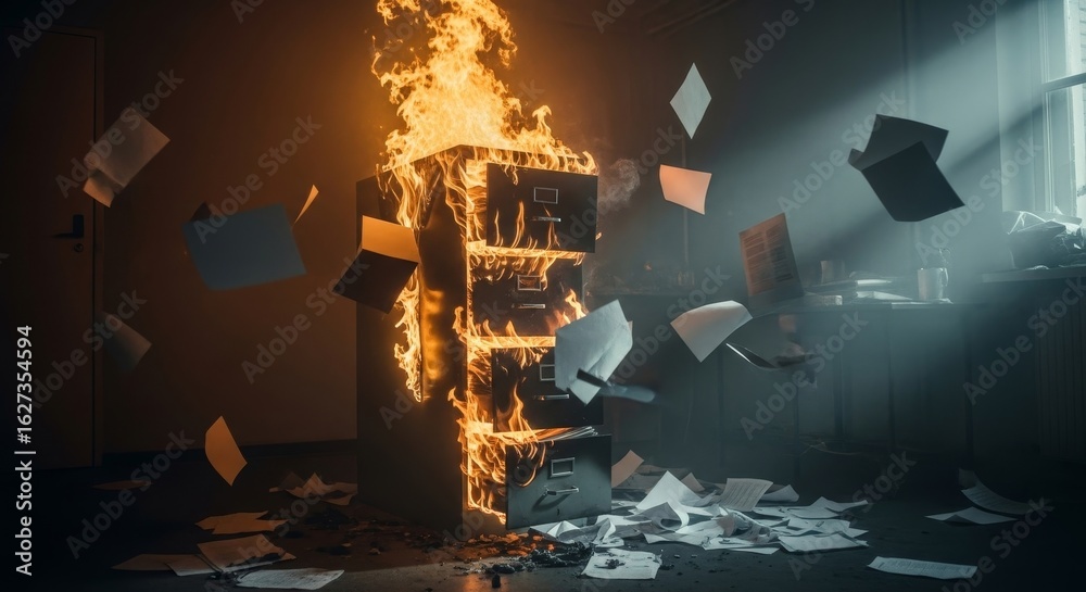 Burning Files and Cabinet - A fiery inferno consumes an office filing ...