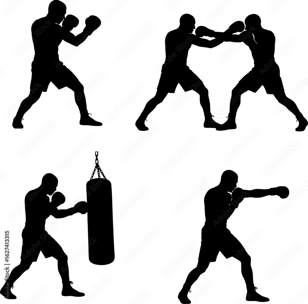 Boxer fights in black and white silhouette vector with white background ...
