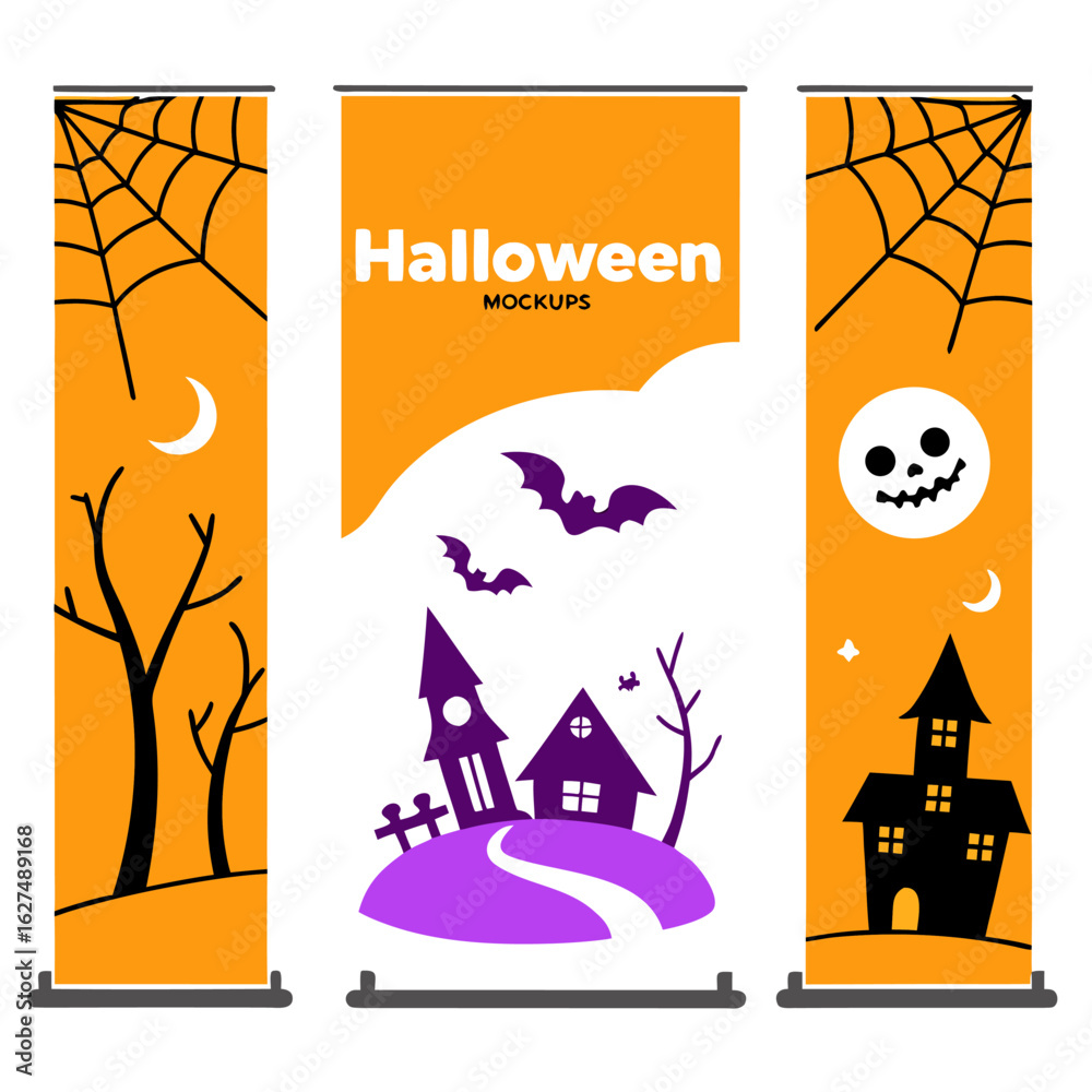Three halloween themed roll up banner mockups featuring spooky scenes ...