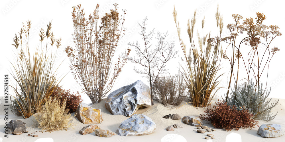 PNG. A photorealistic image depicting various types of desert grasses ...