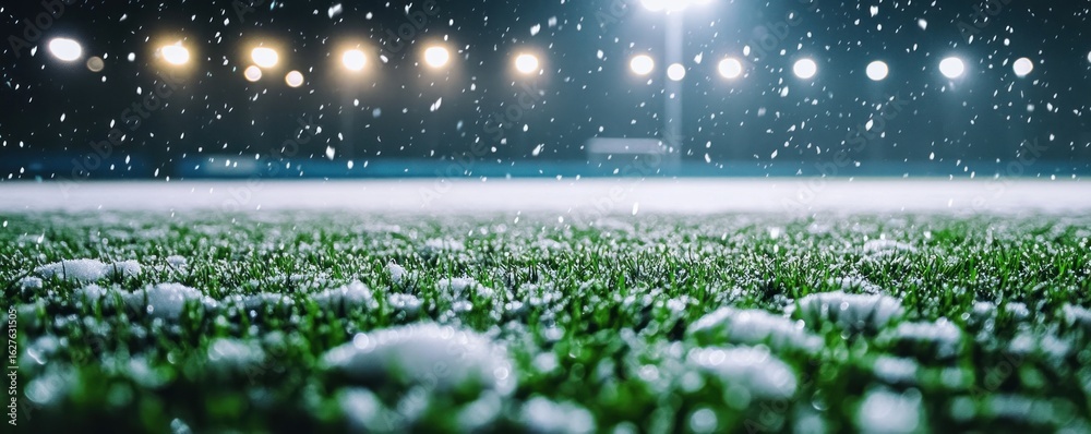 Winter's Embrace, A Snowy Overlay on a Football Field, Stadium Lights ...