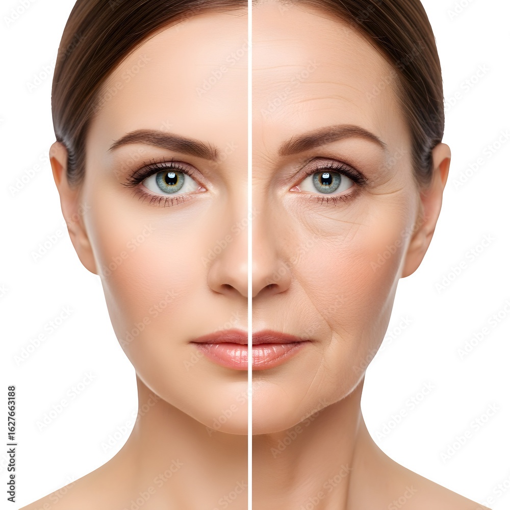 Split face comparison showing aging effects on woman s skin isolated on ...