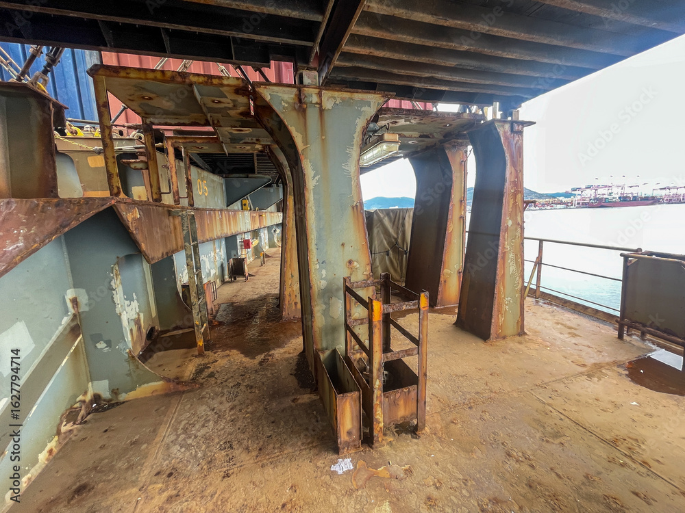 Container vessel cargo space on main deck part in very poor and heavy ...