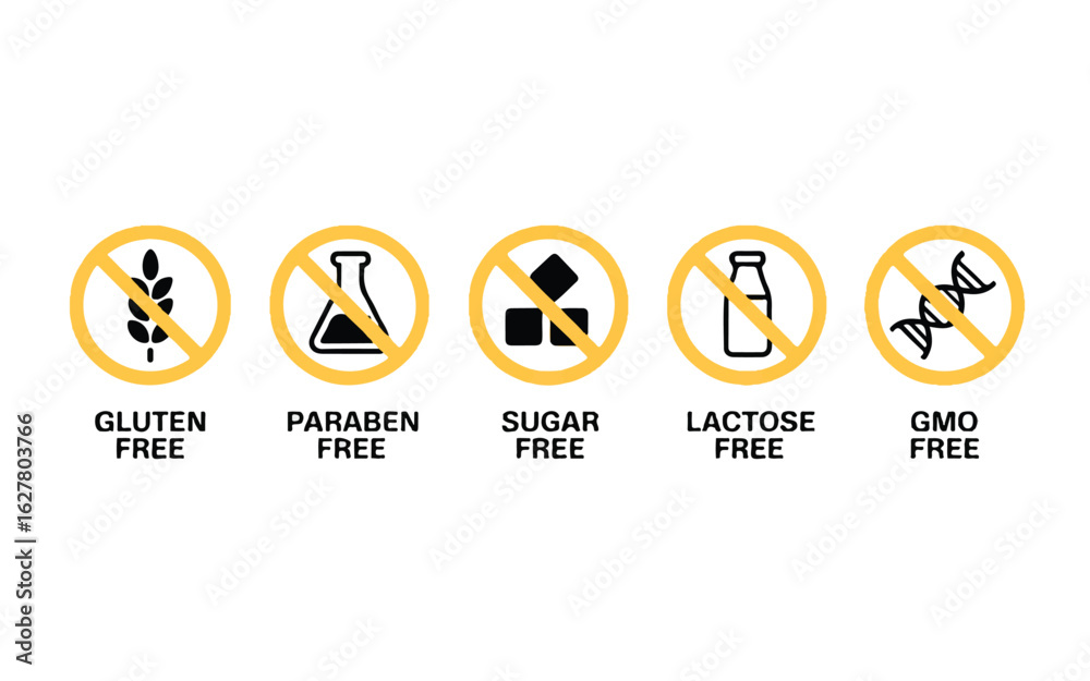A set of five circular warning signs with yellow borders and black ...