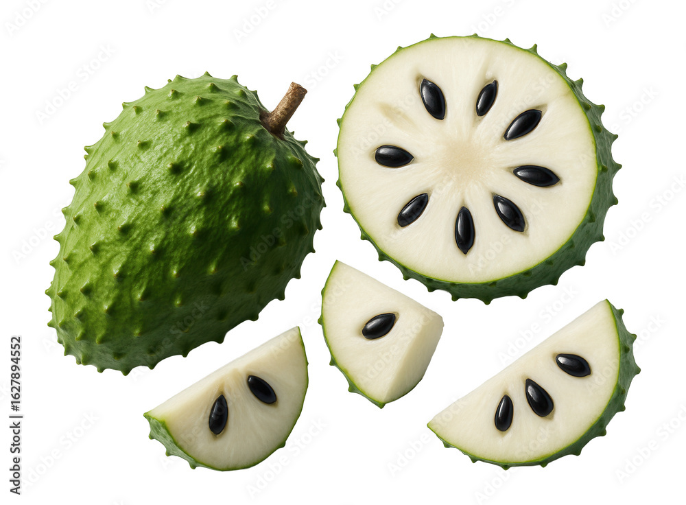Stock-Foto „Whole and sliced soursop fruit with green spiky skin and ...
