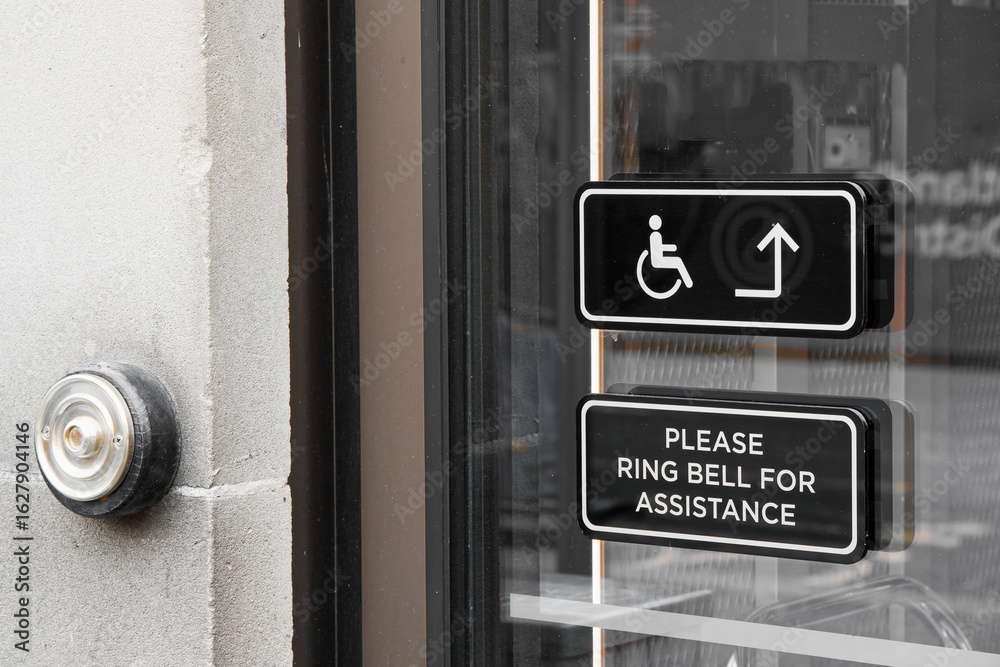 Disabled accessible push button buzzer for assistance sign at building ...