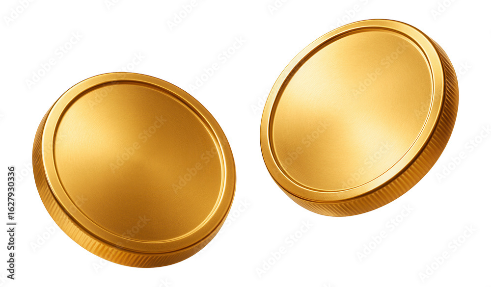 Two shiny gold coins with detailed edges and surfaces, shown at an ...
