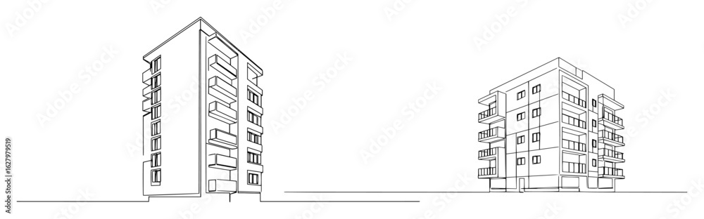 continuous one line drawing of two modern apartment buildings a ...