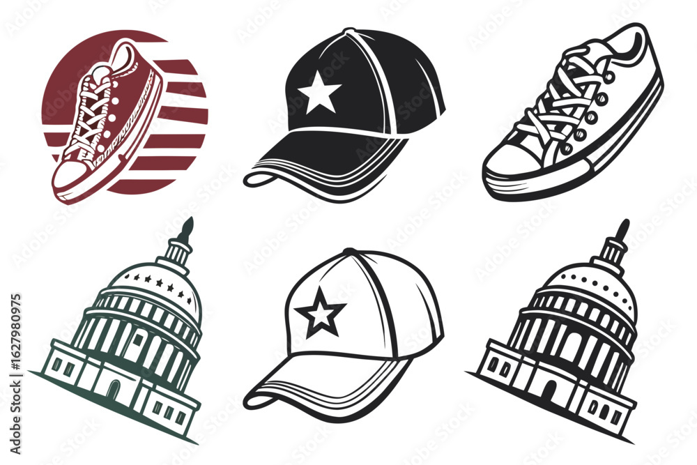 American symbols capitol building, baseball cap, sneaker Stock Vector ...