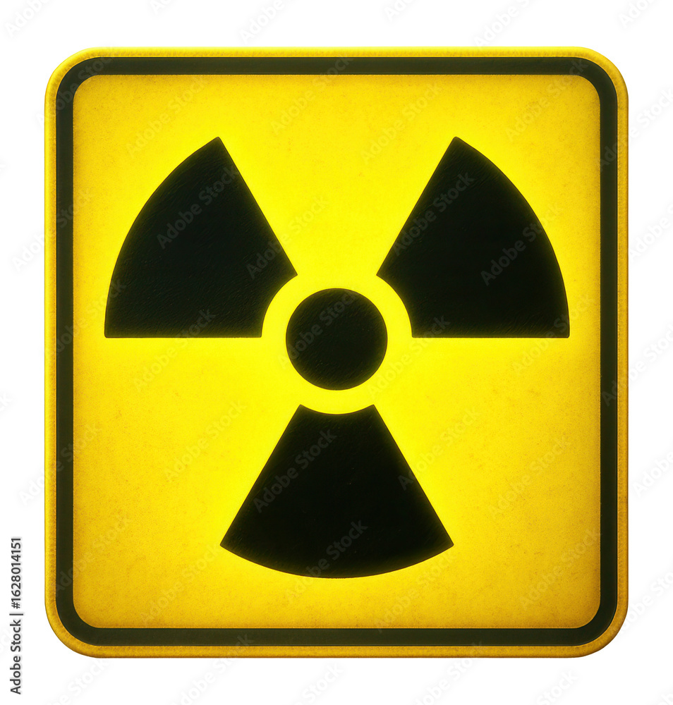 Yellow square sign with a black radiation hazard symbol in the center ...