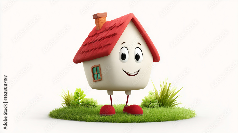 Cartoon house with a red roof and a smiling face standing on a patch of ...