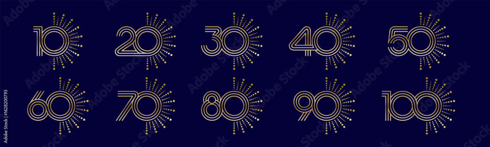Set of collection numbers 10 to 100 with fireworks vector illustration ...