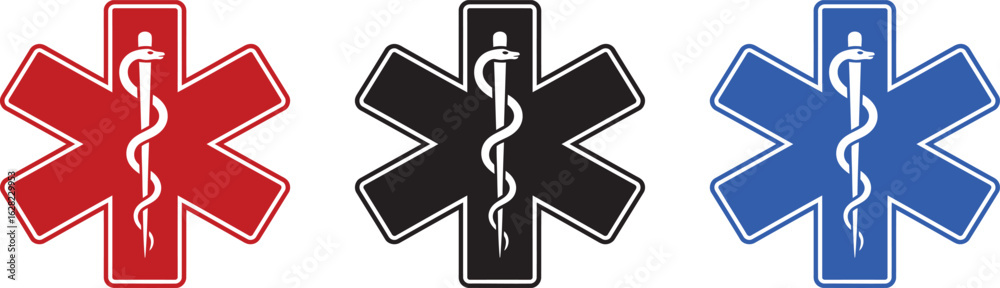 star of life medical symbols in red, black, and blue with rod of ...