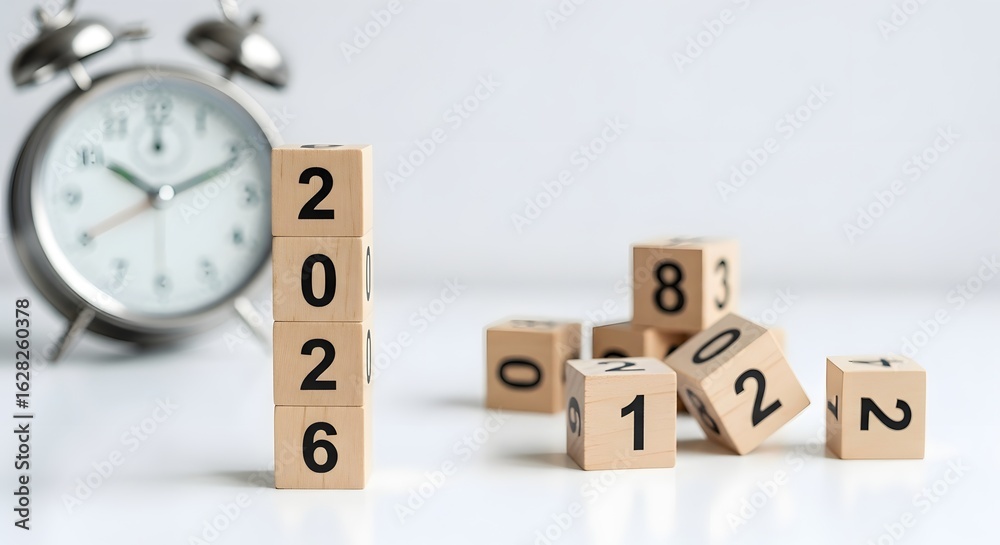Stock photo of wooden blocks forming the year 2026 with alarm clock in ...