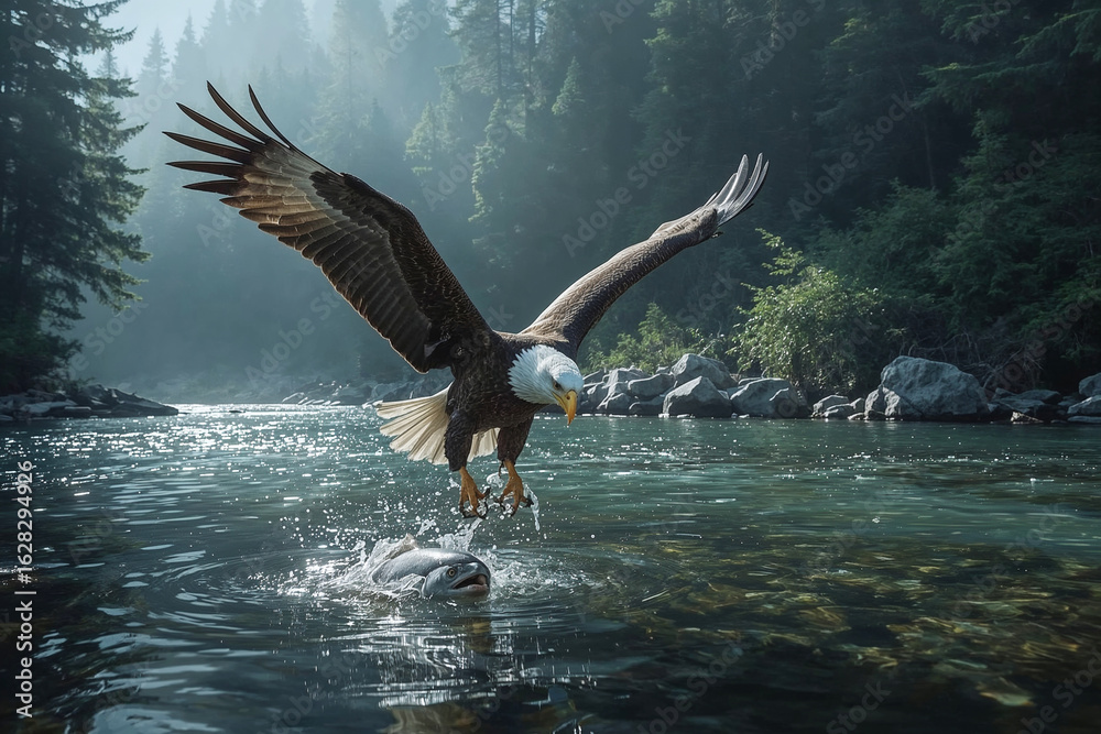 Bald Eagle Swooping Down to Catch a Fish in a River bird of prey raptor ...