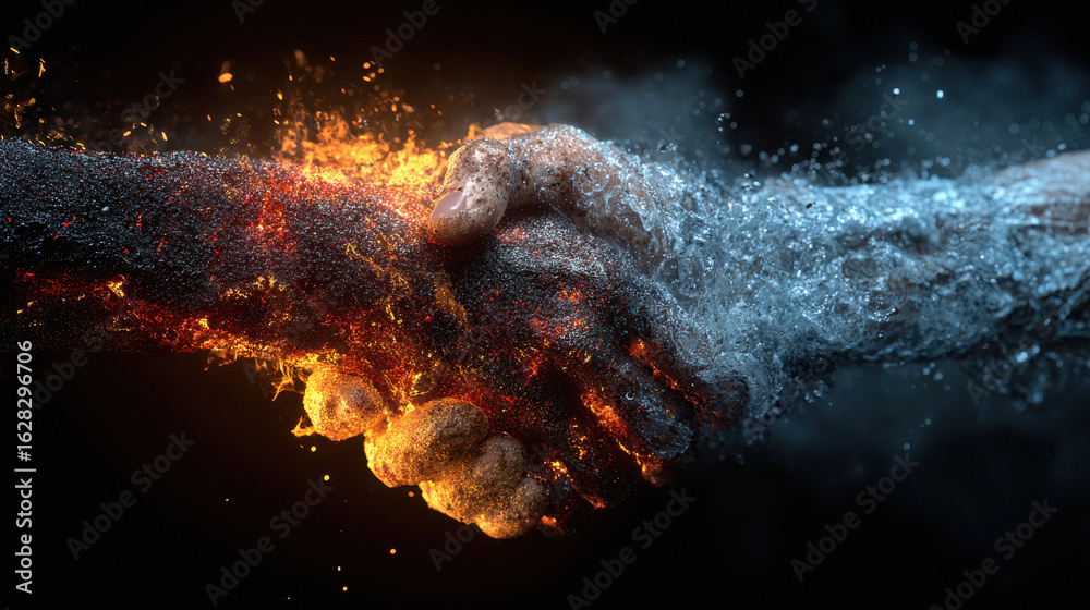 two hands shaking, one made entirely of fire with glowing embers and ...