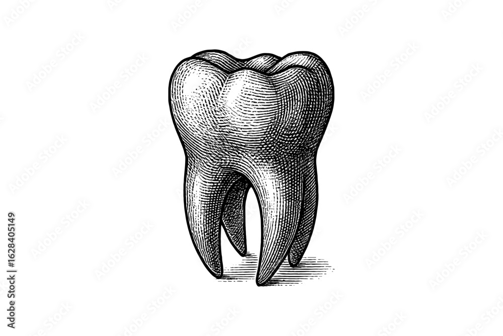 Vintage engraved tooth drawing: detailed black and white dental art ...