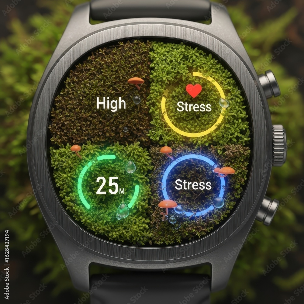 Biophilic Smartwatch UI with Moss and Mushroom Stress Monitor Design ...