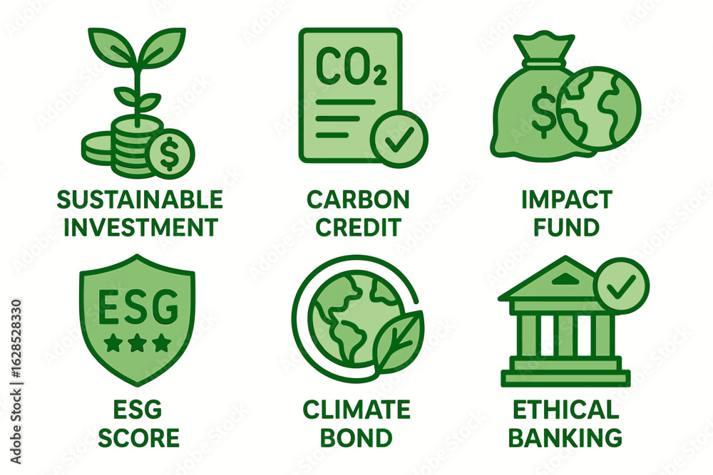 Sustainable finance icons: investment, carbon credit, impact fund, esg ...