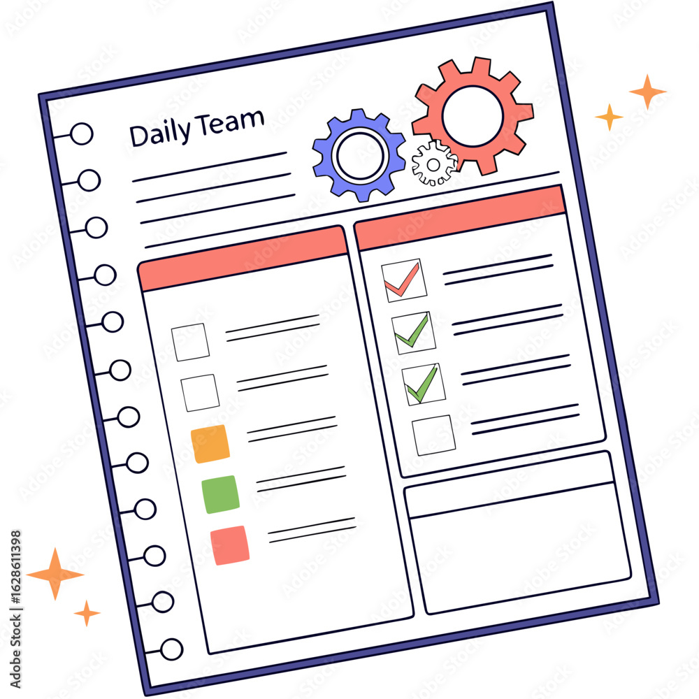 Daily team checklist on a sheet of paper with gears and checkmarks and ...