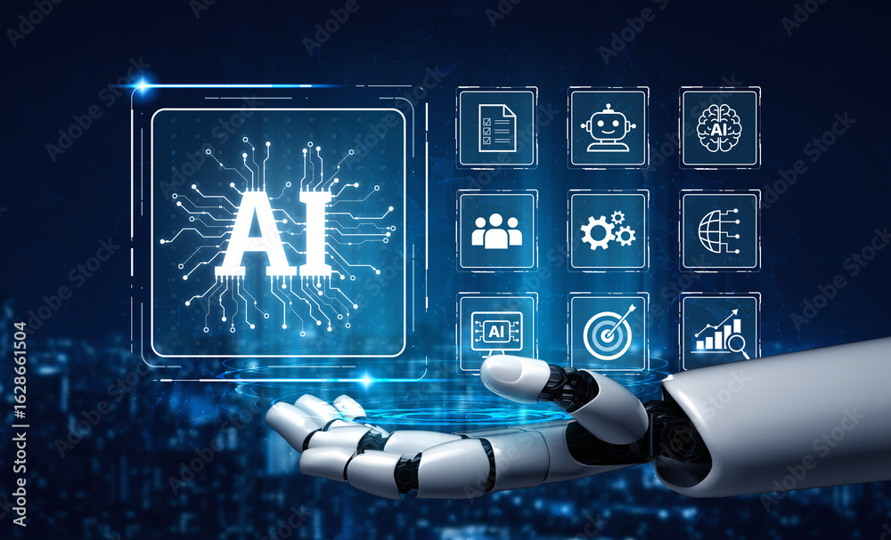 AI brain processes big data with generative AI, LLMs, and machine learning to support business ...