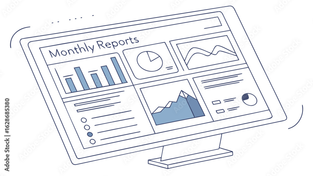 Illustration of a computer monitor displaying a dashboard with various ...