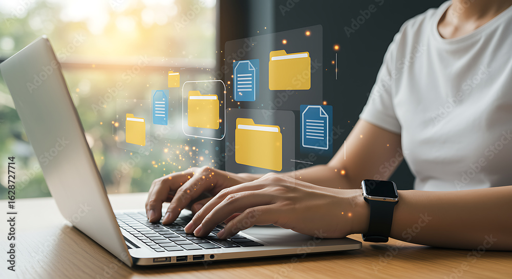 Typing on a laptop with file folder icons floating above, representing ...