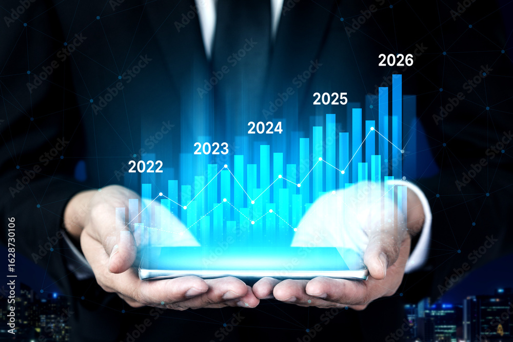 Business bar chart and line graph showing yearly business growth from 2022 to new year 2026 ...