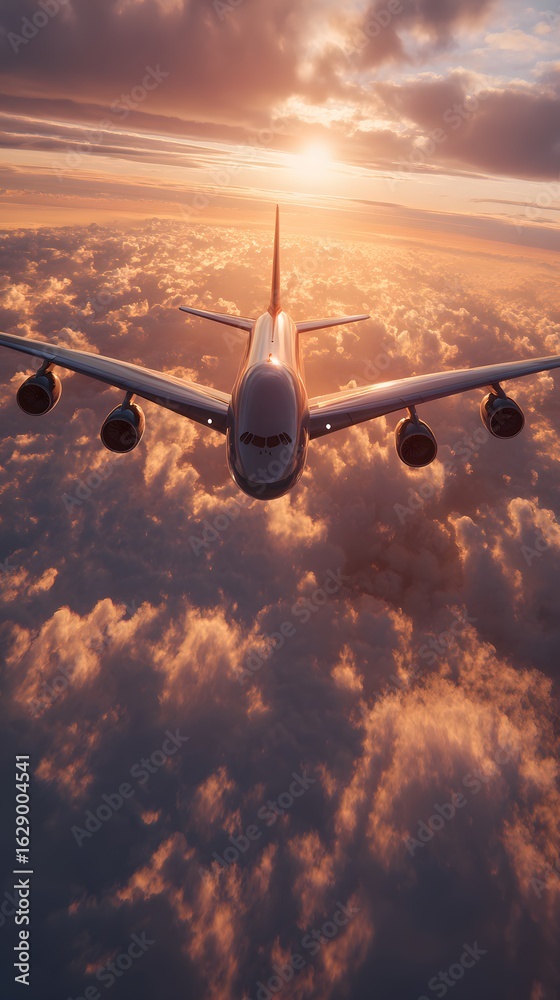 Aerial view of jet flying west into sunset, reflecting dramatic skies ...