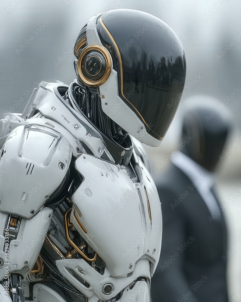 Humanoid AI bodyguard robot in a black suit stands behind VIP, scanning ...