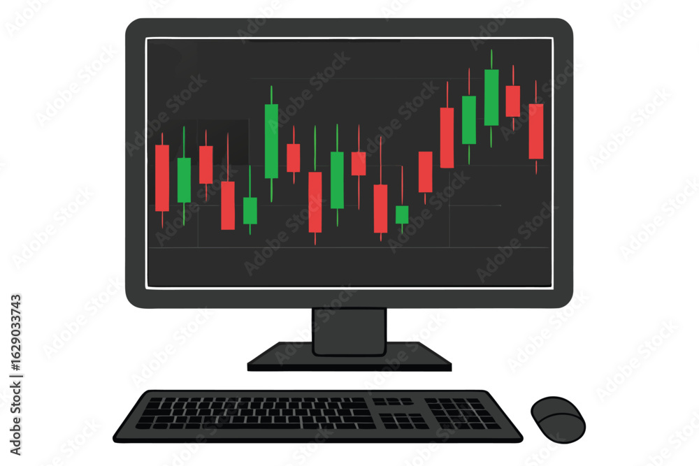Computer monitor displaying stock market candlestick chart with ...