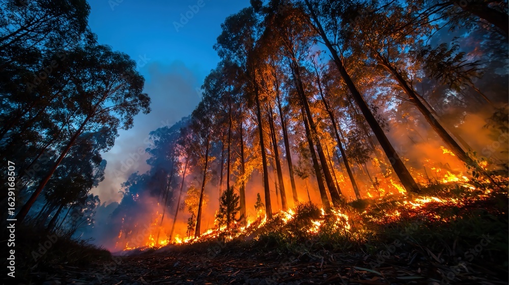 Controlled burns in forests with low flames and smoke, used for ...