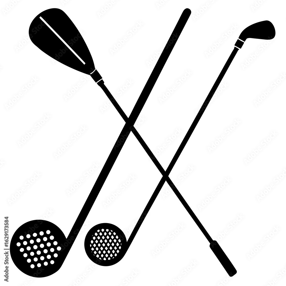 Iconic black silhouette of a paddle and two golf clubs crossed forming ...