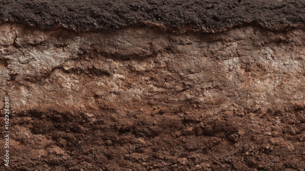 Detailed view of soil stratification reveals distinct layers of ...