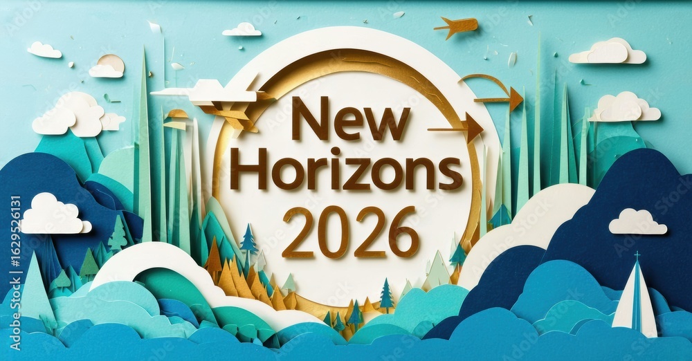 Papercraft landscape depicts mountains, clouds, trees. Text reads New ...