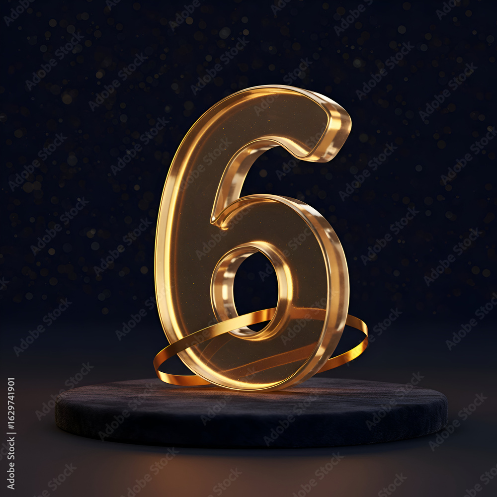 Gold number six on dark podium with golden ribbon, celebratory ...